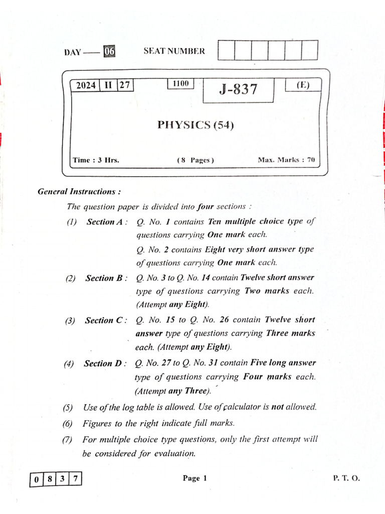 Physics Board Question Paper 2024 | PDF