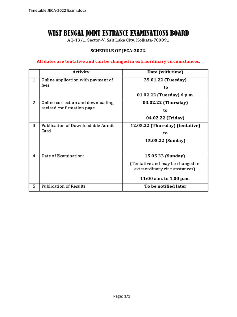 Timetable JECA-2022 Exam | PDF