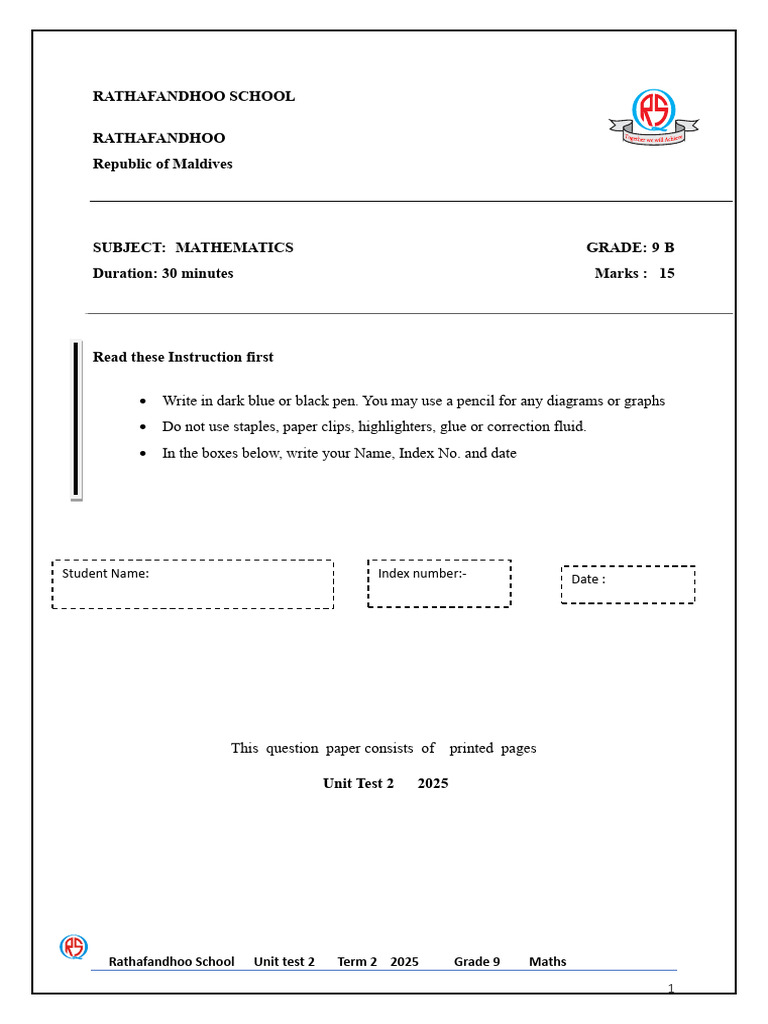 Grade 9 Maths Unit Test 2 - 2025 | PDF