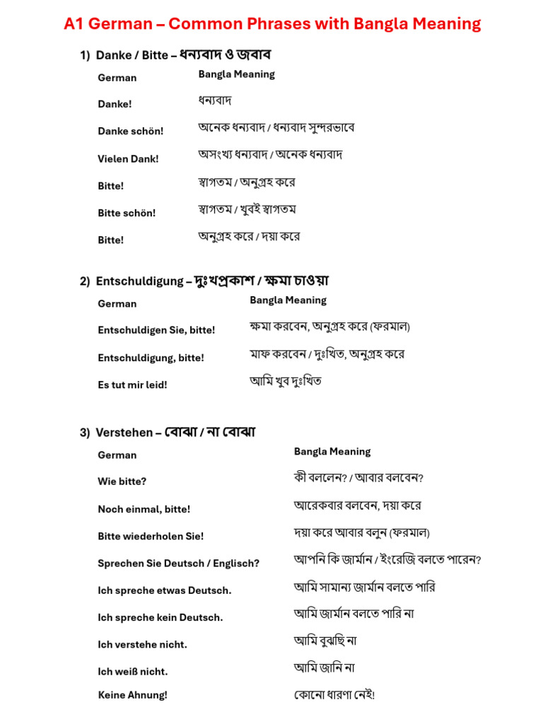 A1 German - Common Phrases With Bangla Meaning | PDF