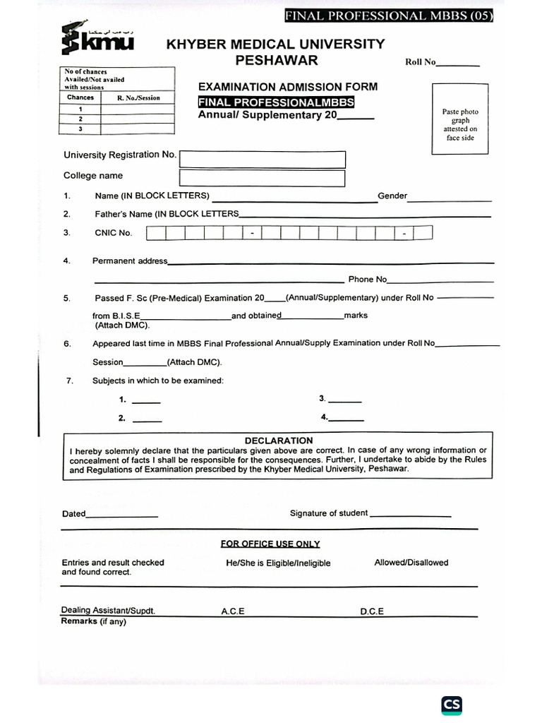 Final Prof Mbbs Exam Form | PDF