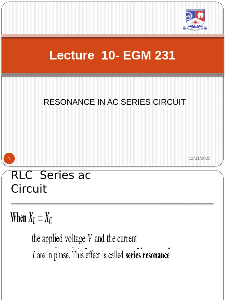 Lecture 10 Resonance in Ac Series Circuit | PDF | Resonance | Electrical Impedance