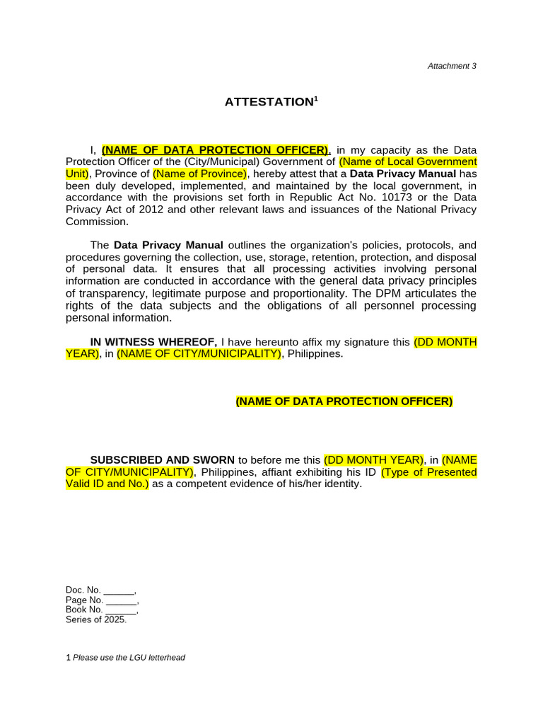 3 Pro Forma Attestation On Data Privacy Manual Availability | PDF