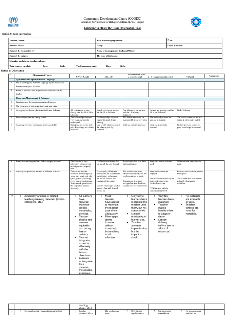 Class Observation Tool Guidelines | PDF | Teachers | Learning