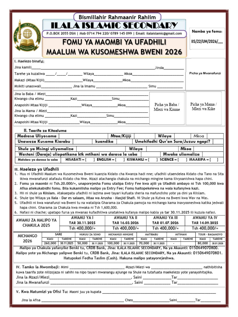 Appl Form Fi 2026 Ufadhili Iis FP | PDF
