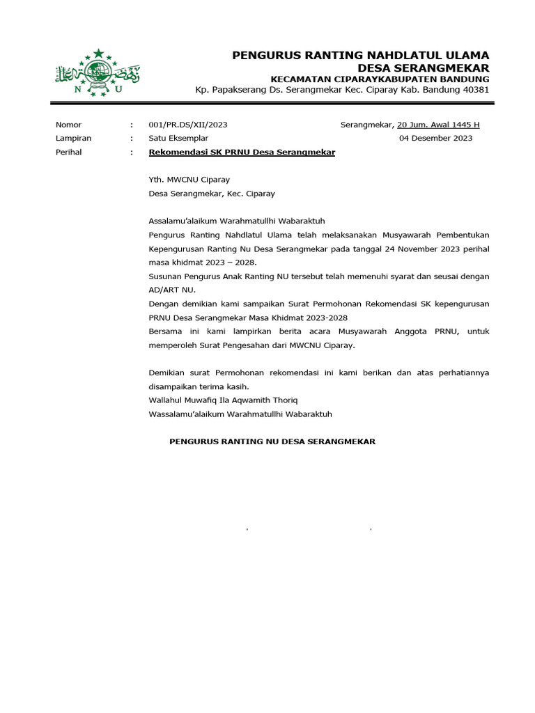 Permohonan SK Ranting NU Desa Serangmekar | PDF