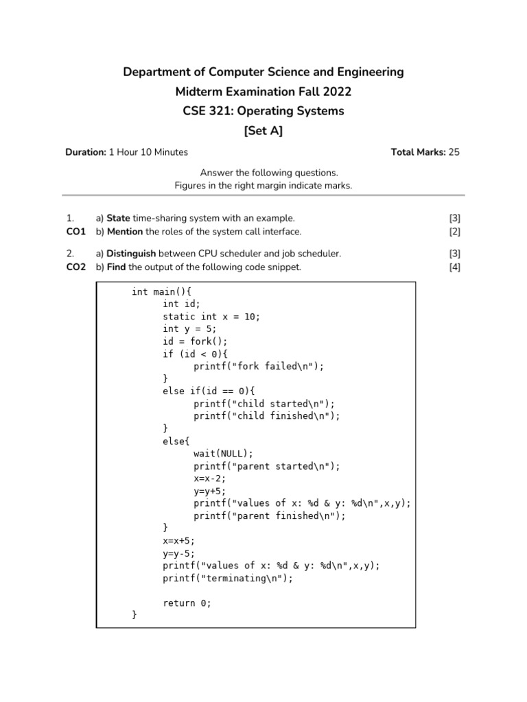 CSE 321 Midterm Exam: Operating Systems | PDF | Operating System ...