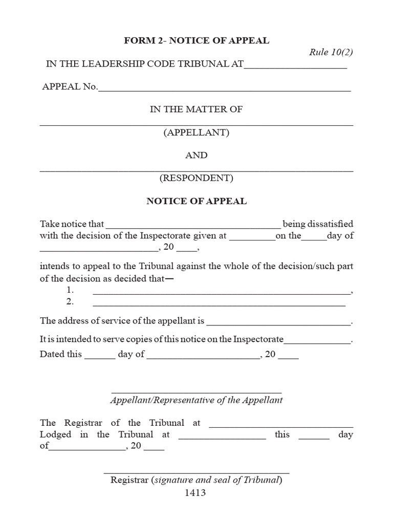 Leadership Code Tribunal Rules, ForM 2 - NOTICE of APPEAL | PDF