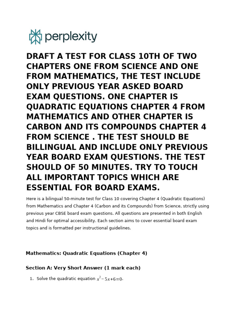 Draft A Test For Class 10th of Two Chapters One FR | PDF
