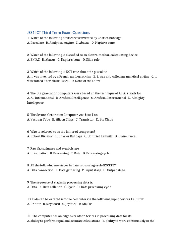 JSS1 ICT Third Term Exam Questions | PDF | Information | Operating System