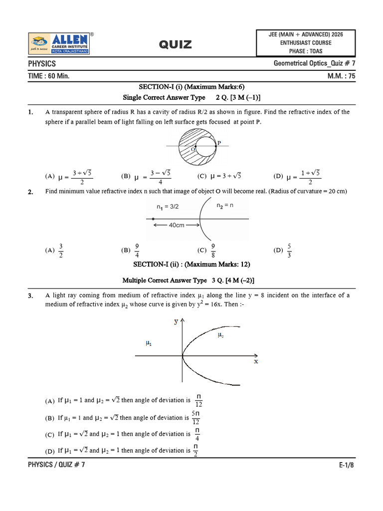 SECTION-I (I) (Maximum Marks:6) Single Correct Answer Type 2 Q. (3 M ...