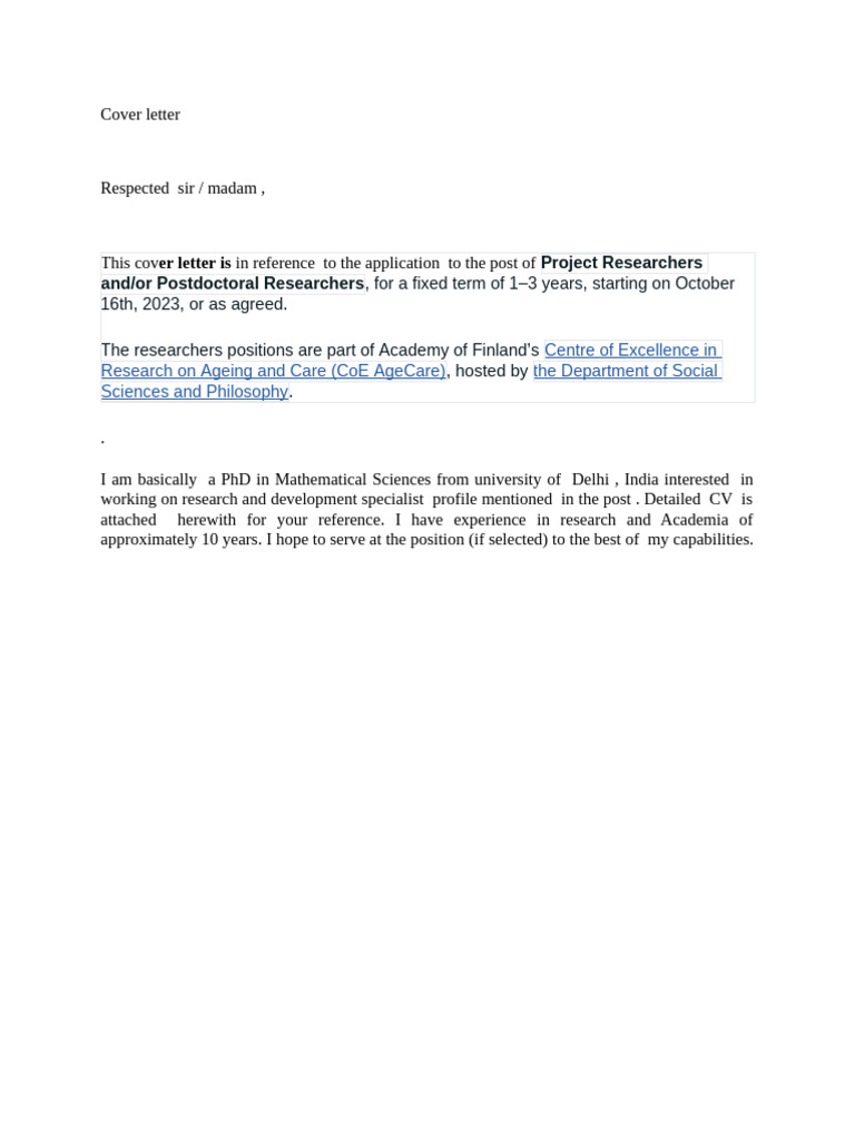 Cover Letter For Project Researchers - Post Doc Researcher | PDF