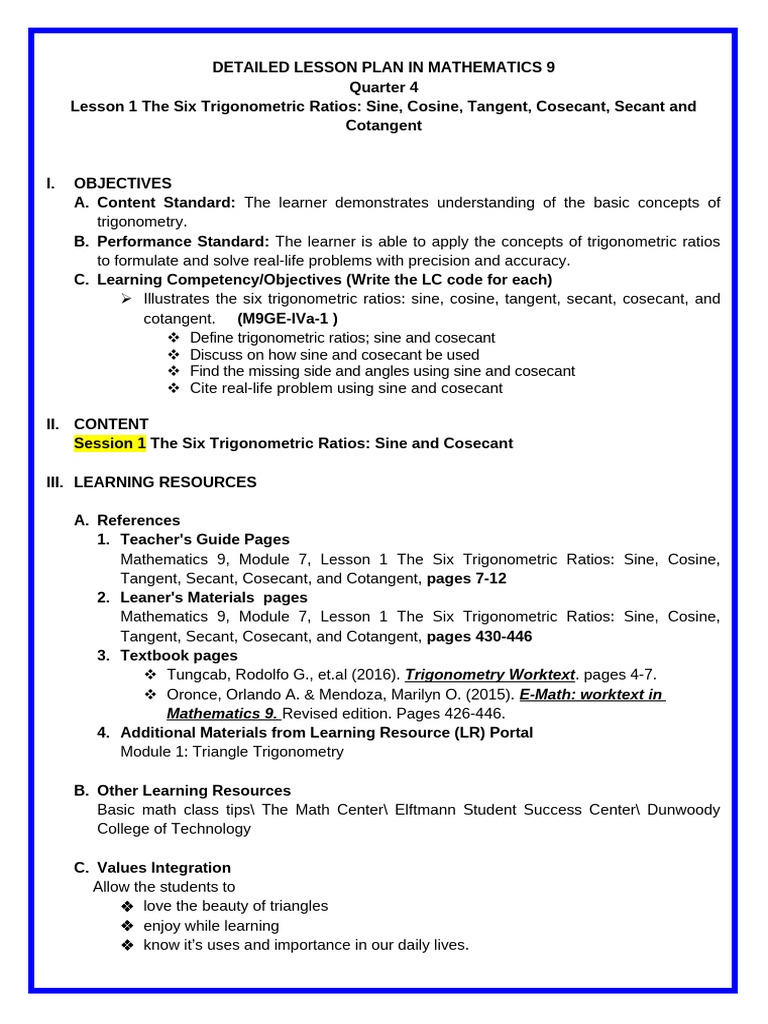 Trigonometric Ratios Lesson Plan 9 | PDF | Trigonometric Functions ...
