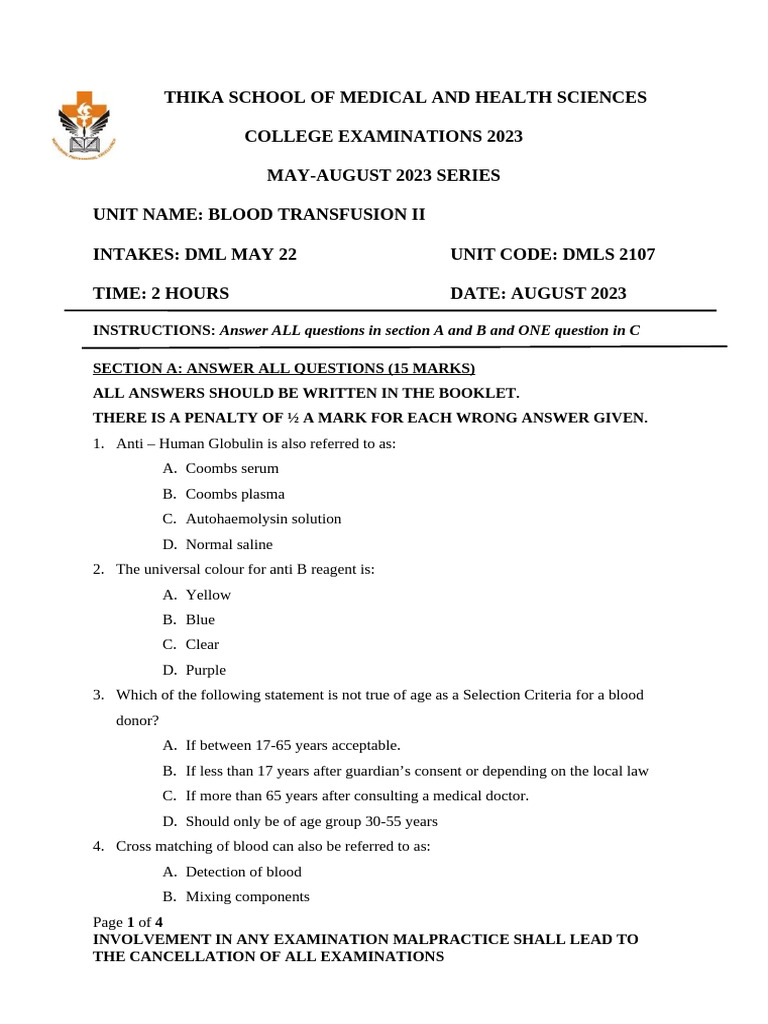 Blood Transfusion II Exam 2023 | PDF | Blood Type | Blood