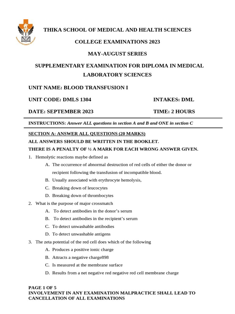 Blood Transfusion I Pp2 Exam | PDF | Blood Type | Hematology