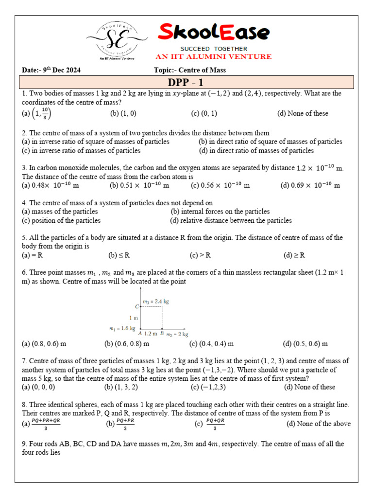 Physics - DPP 1 - Centre of Mass - Gunjan Sir | PDF | Mass | Center Of Mass