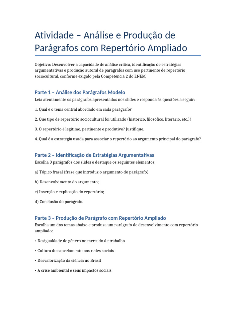 Análise e Produção de Parágrafos ENEM | PDF