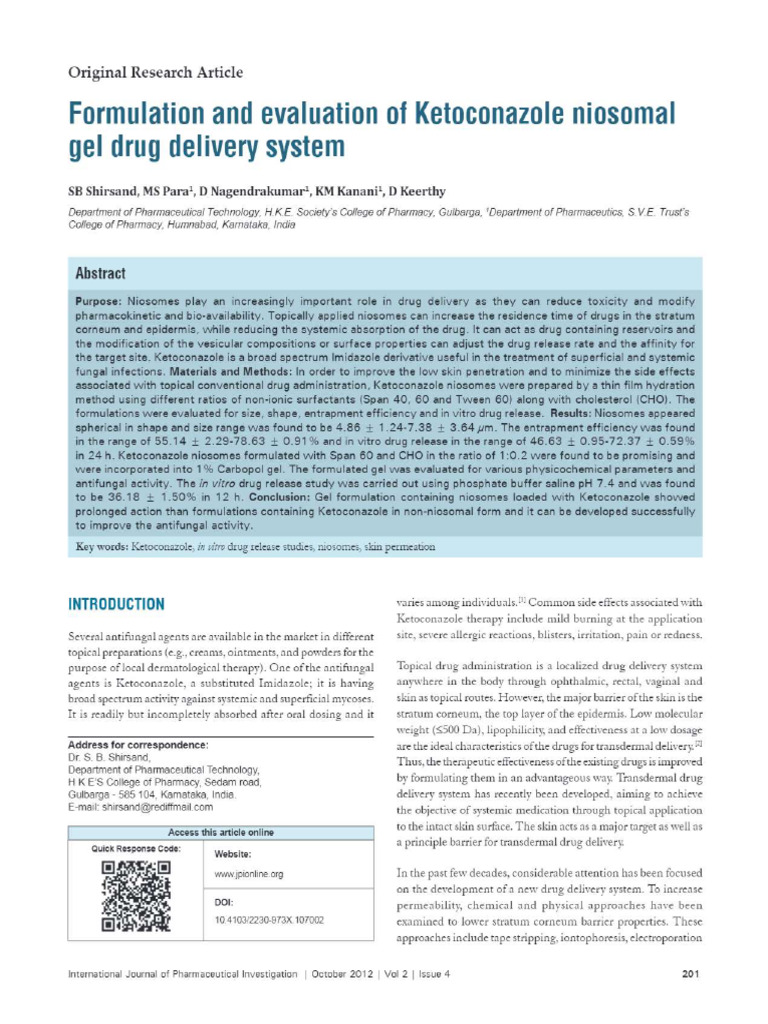 Formulation and Evaluation of Ketoconazole Niosomal Gel Drug Delivery ...