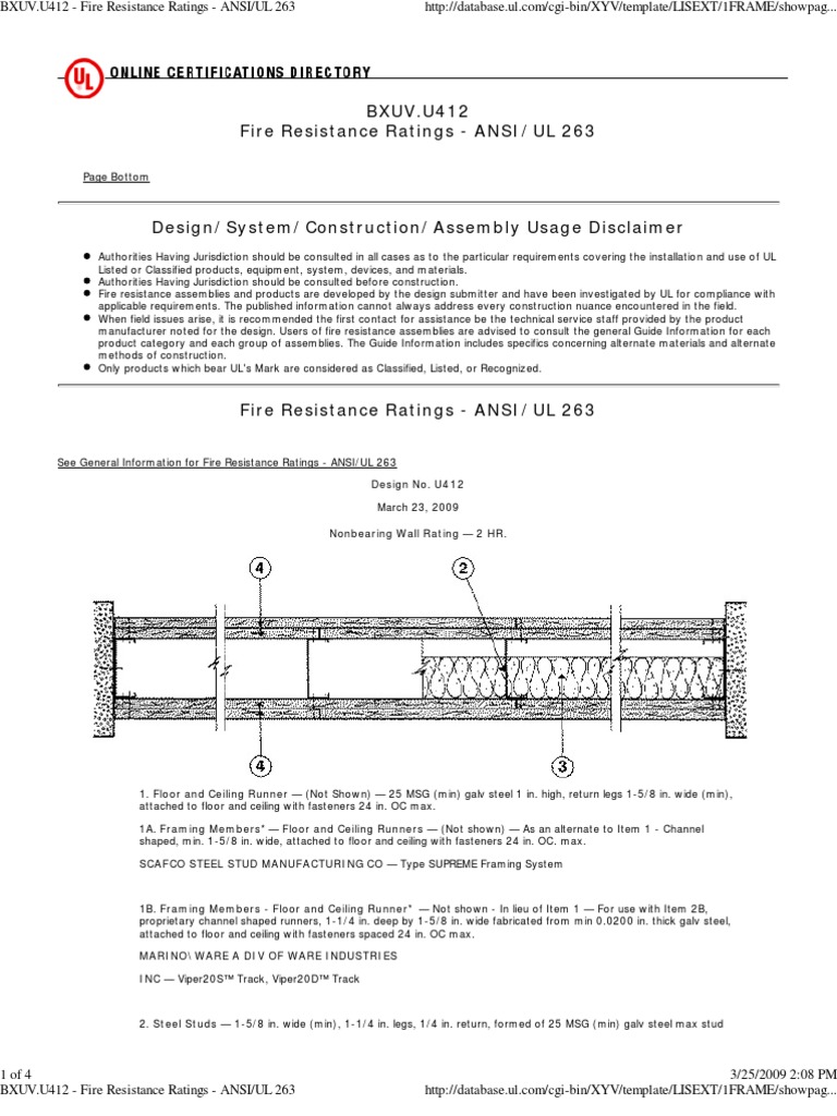 U412 - 2 Hour | Drywall | Framing (Construction)