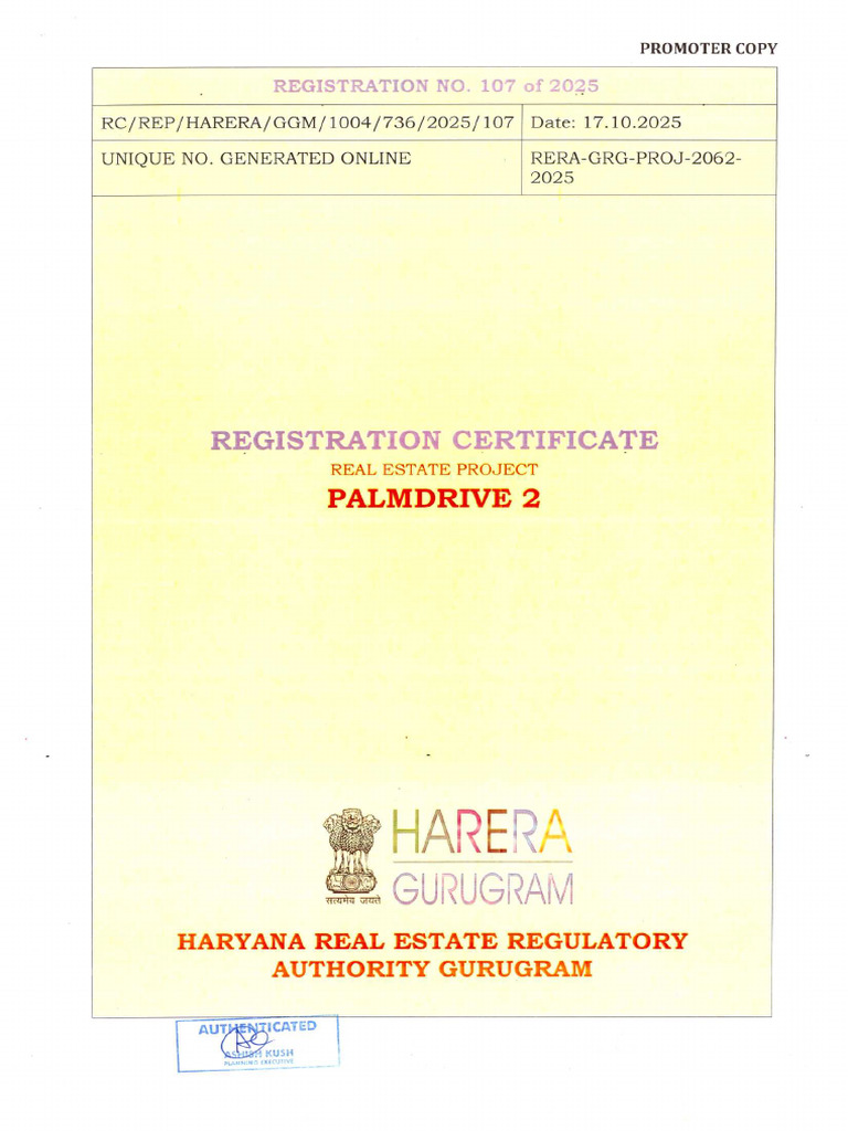 RERA Certificate PALM Drive 2 17.10.2025 | PDF