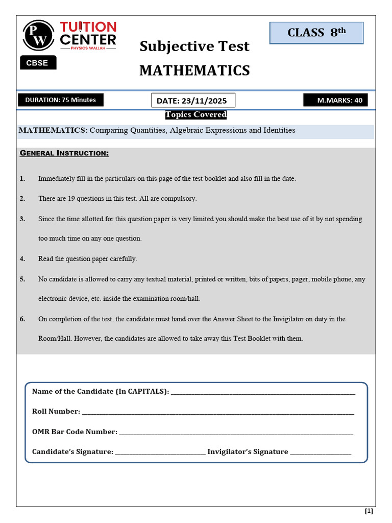 Class 8 Mathematics Test Paper | PDF | Mathematics