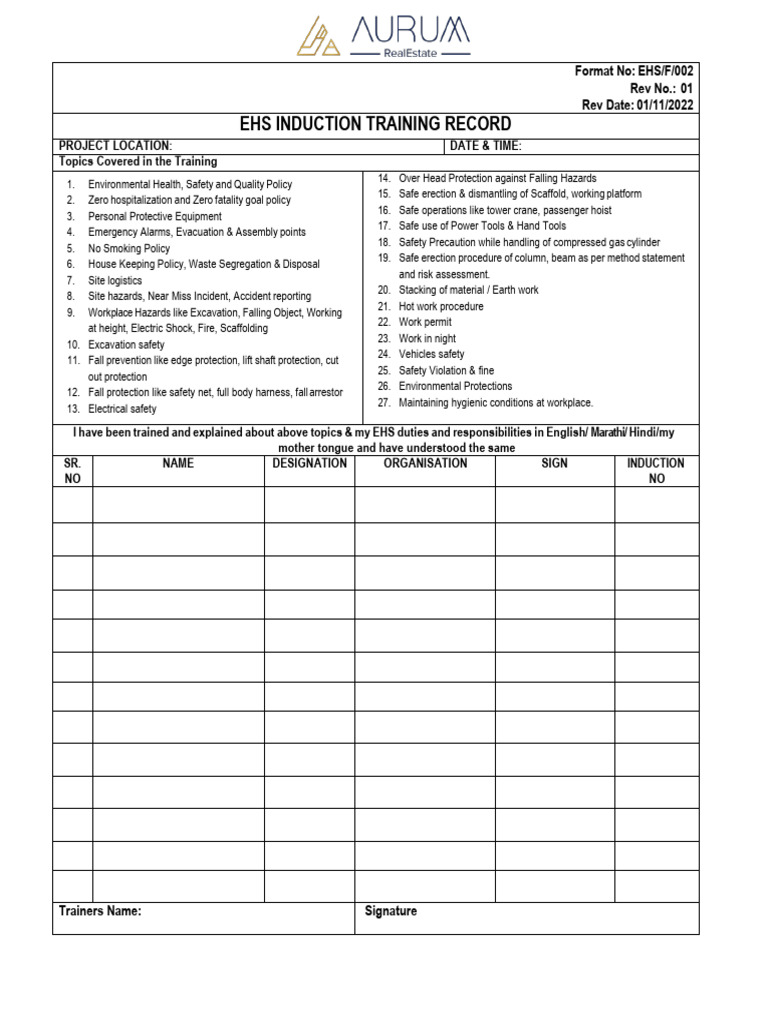 EHS Induction Training Record Template | PDF | Safety | Hazards