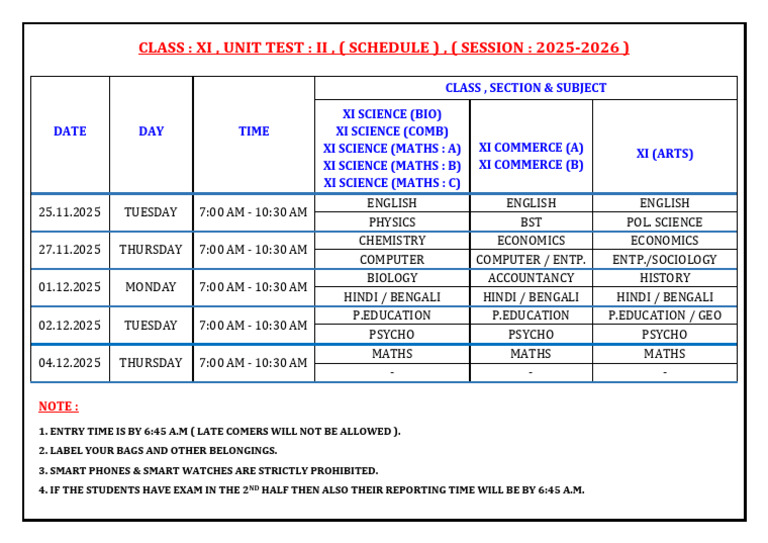 Class: Xi, Unit Test: Ii, (Schedule), (Session: 2025-2026) | PDF