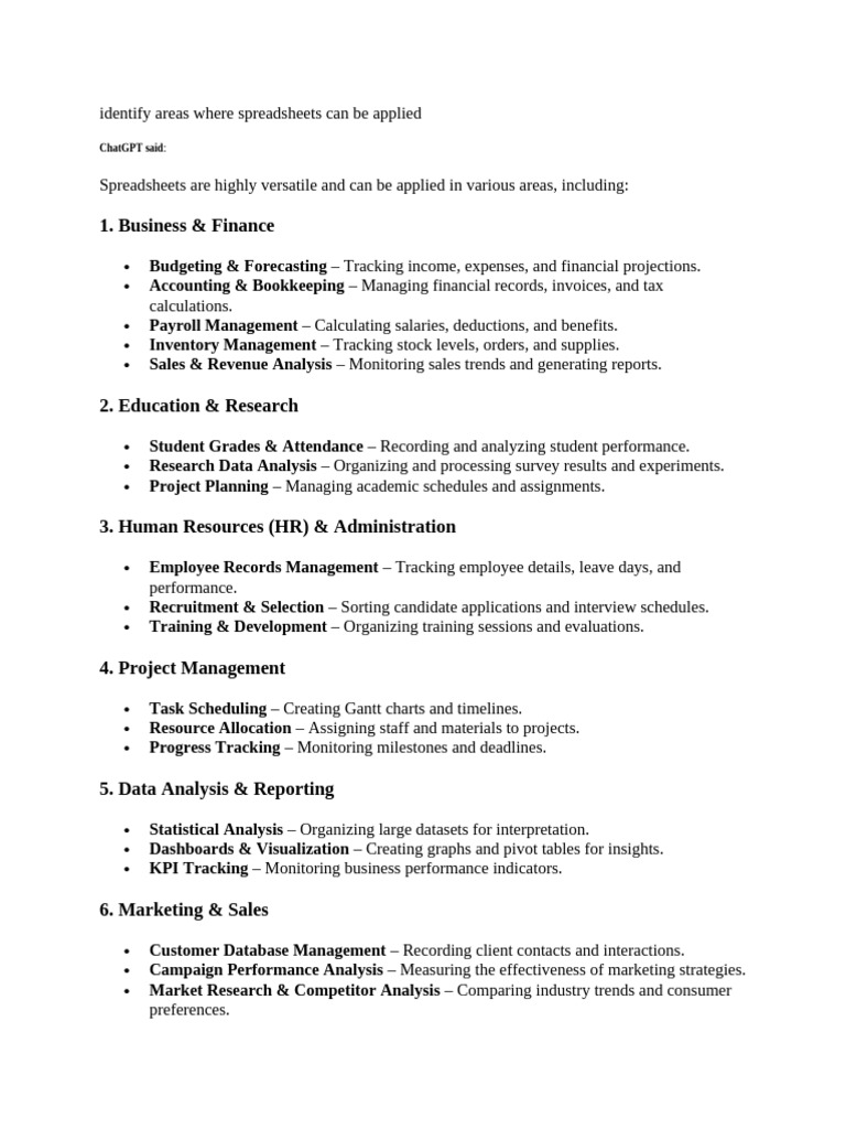 Applications of Spreadsheets in Various Fields | PDF | Spreadsheet ...