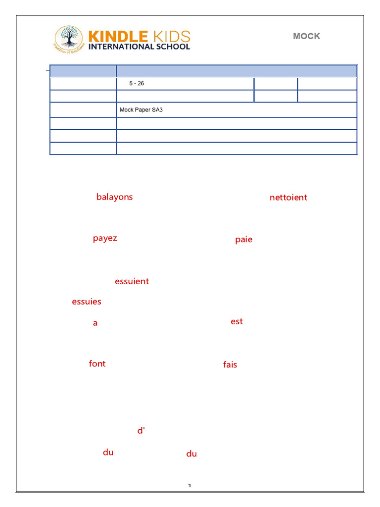 SA - 3 - NOV - 2025 - French - Mock - Paper - Grade - 4 - Ans Key | PDF