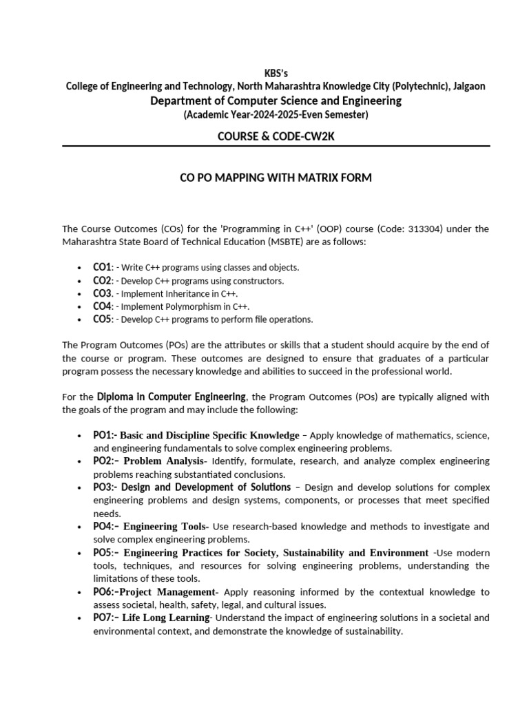CO-PO Mapping for C++ Programming Course | PDF | Engineering | Knowledge