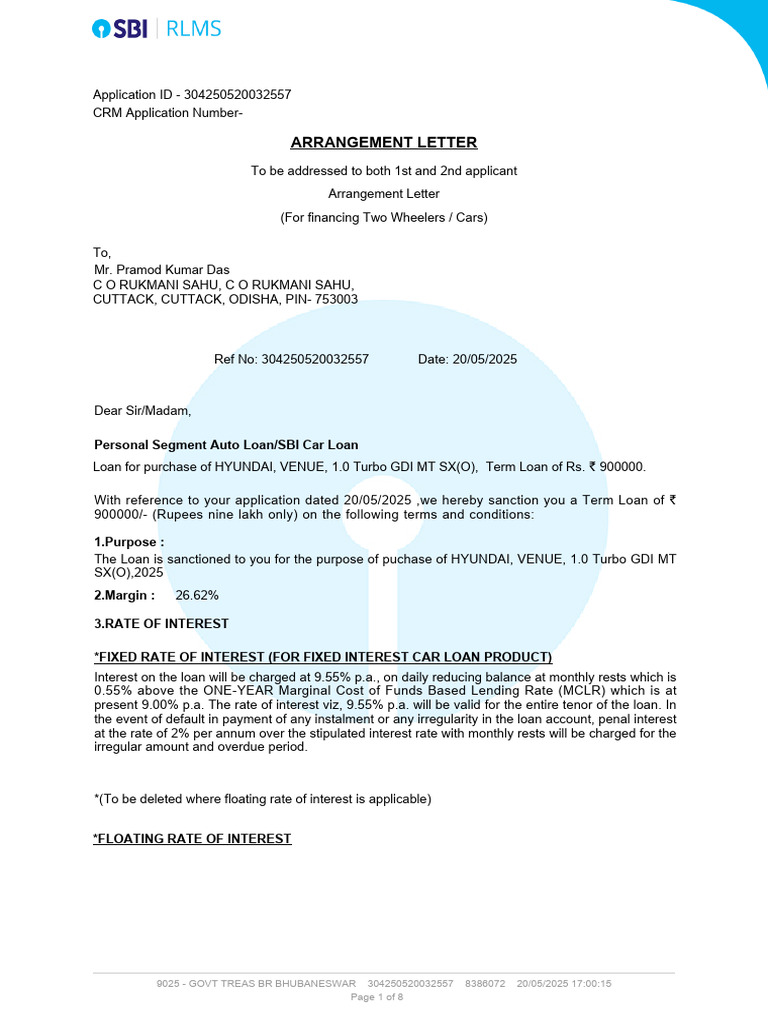 Auto Loan Arrangement Letter for Hyundai | PDF | Interest | Loans
