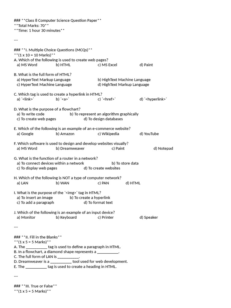 Class 8 Computer Science Question Paper | PDF | World Wide Web ...