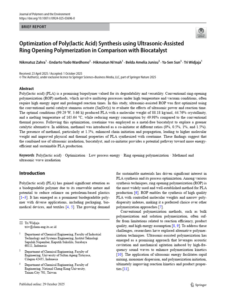 Optimization of Polylactic Acid Synthesis Using UltrasonicAssisted 6821 | PDF | Differential ...