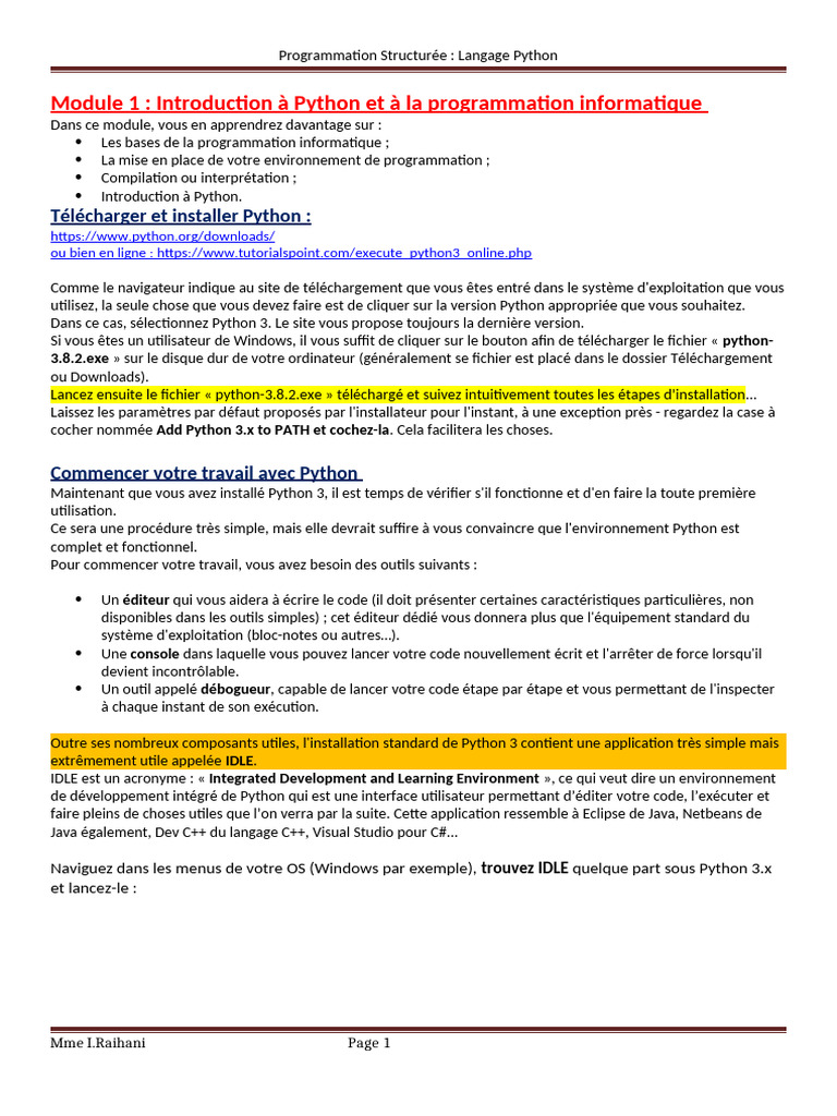 Chapitre 1 Python | PDF | Python (Langage de programmation ...