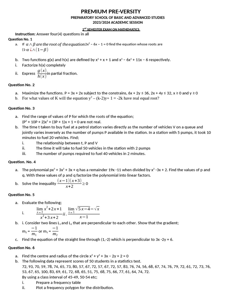 Mathematics Exam Questions 2023/2024 | PDF | Zero Of A Function | Equations