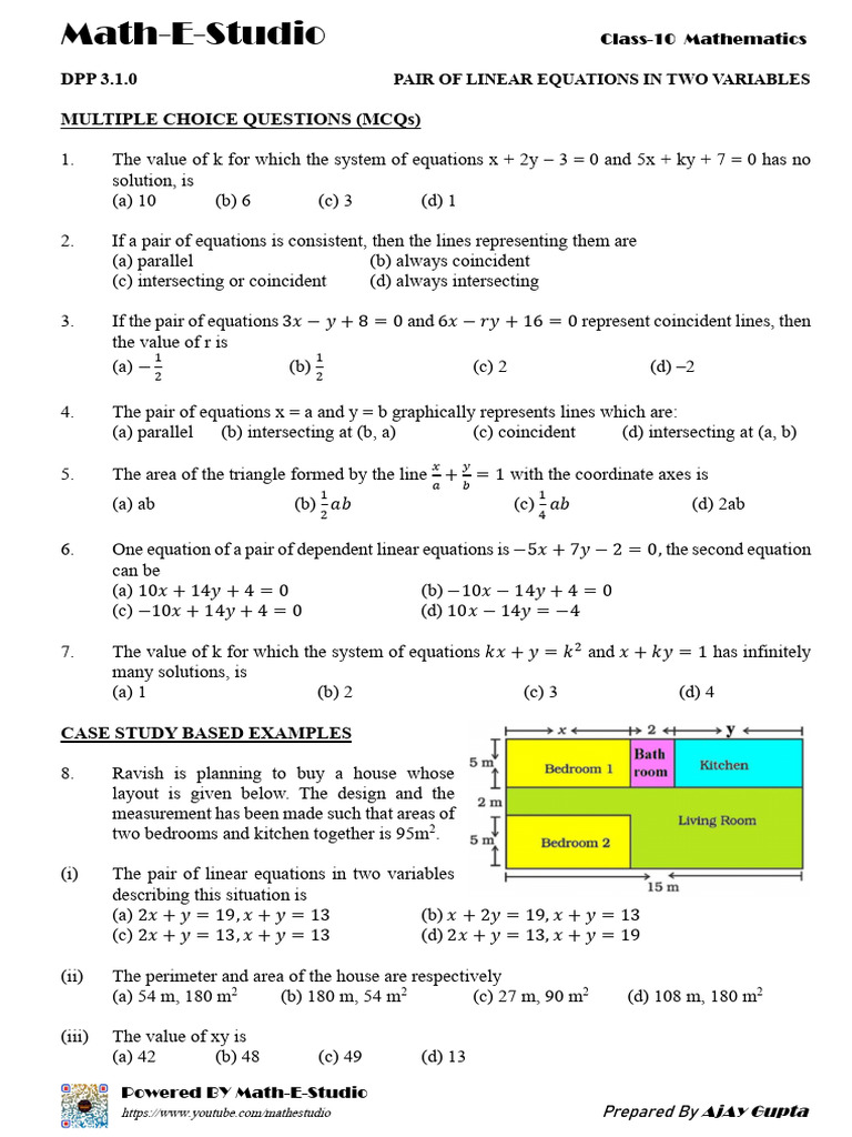 Class 10 Linear Equations MCQs | PDF | Equations | Mathematics
