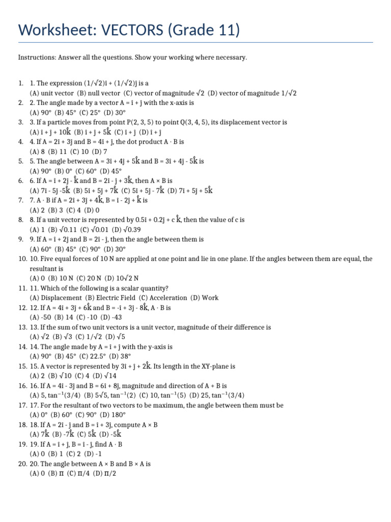 Grade 11 Vectors Worksheet | PDF