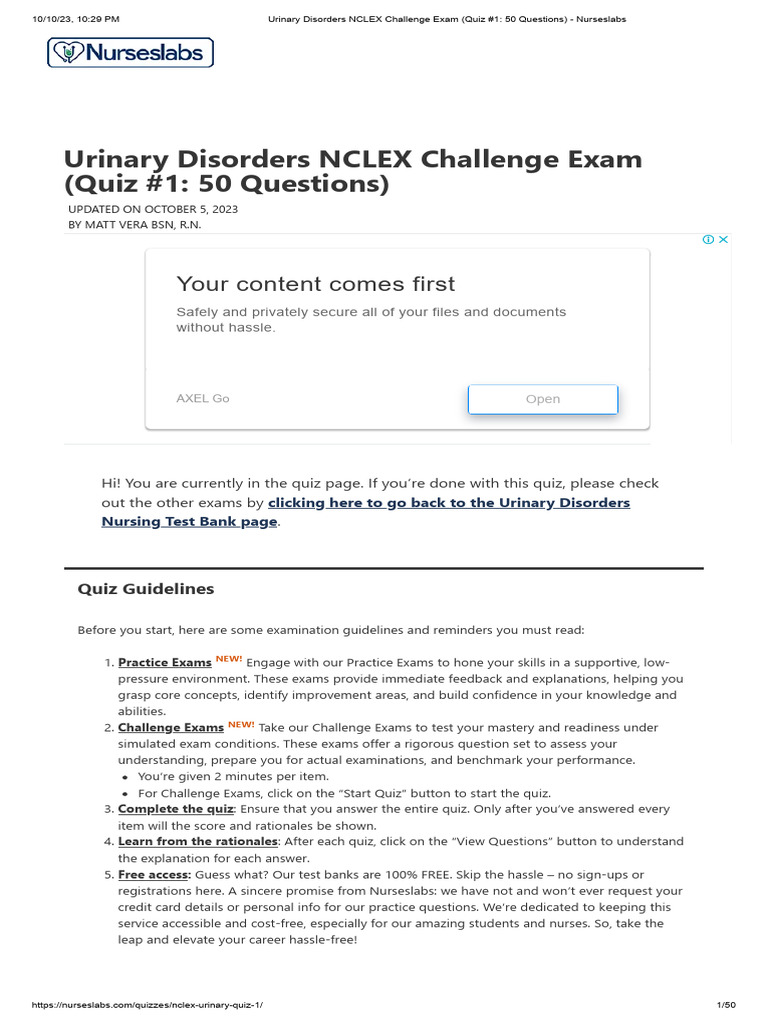 Urinary Disorders NCLEX Quiz 1 | PDF | Urinary Tract Infection ...