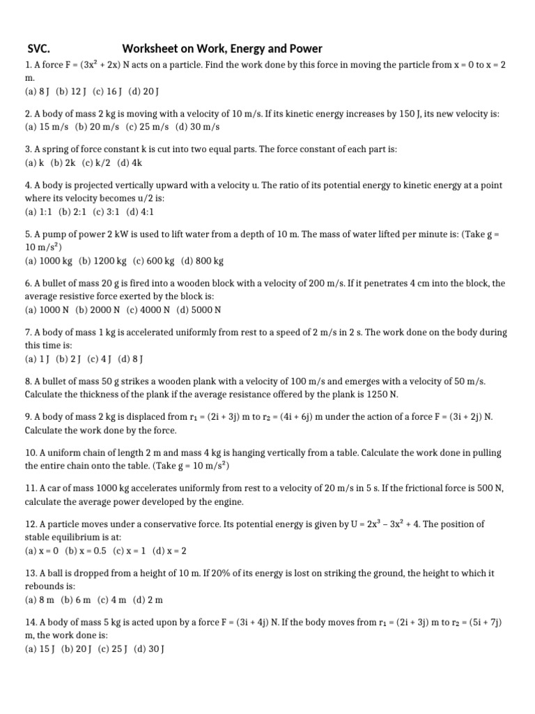 Work Energy Grade 11 Worksheet 4 Oct | PDF | Force | Mass