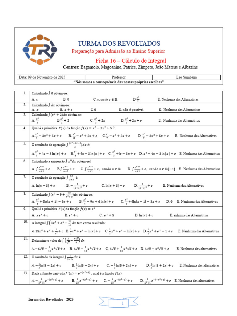 Cálculo de Integrais - Turma 2025 | PDF | Matemática | Analise matemática