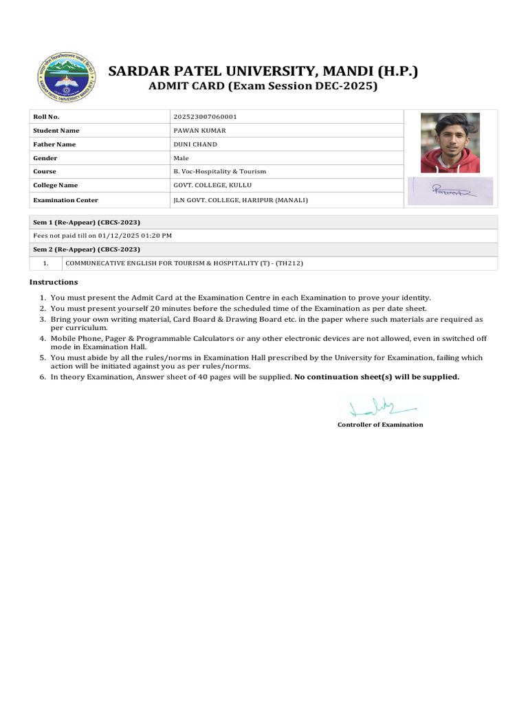 Sardar Patel University Admit Card 2025 | PDF