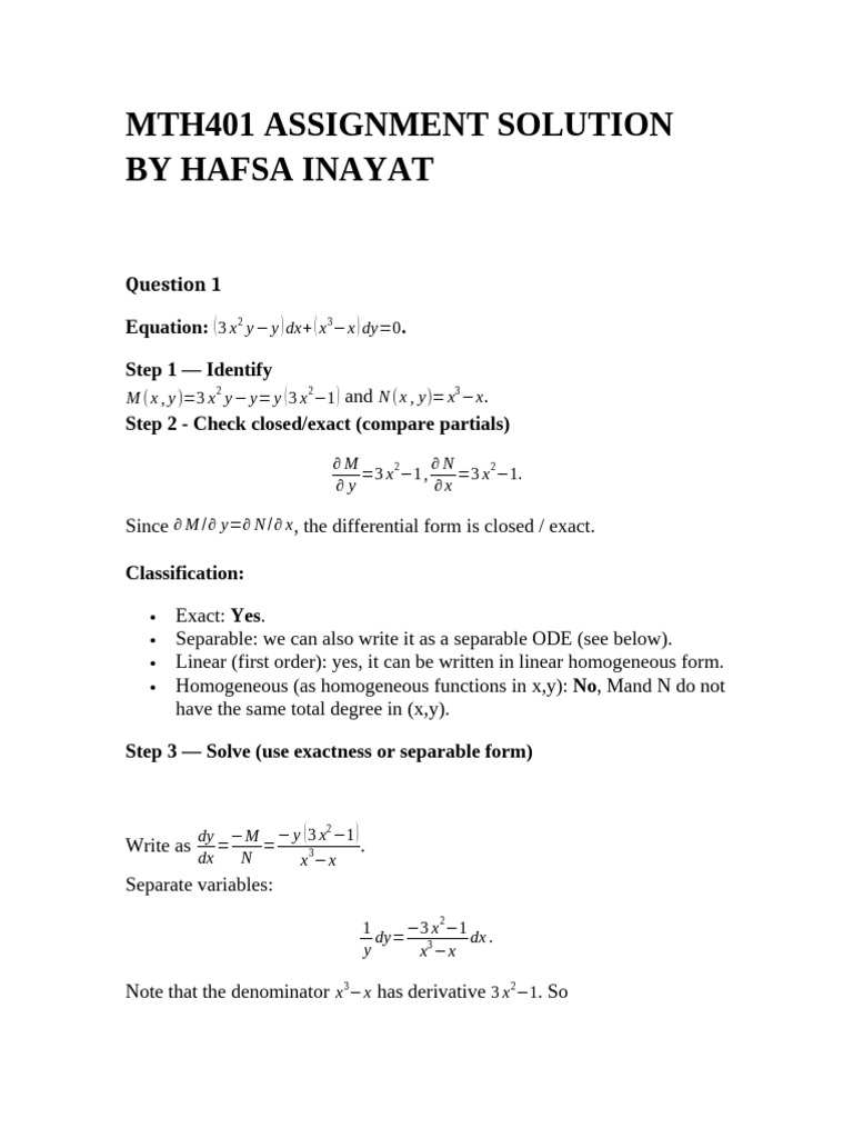 MTH401 Differential Equations Solutions | PDF | Mathematical Concepts ...
