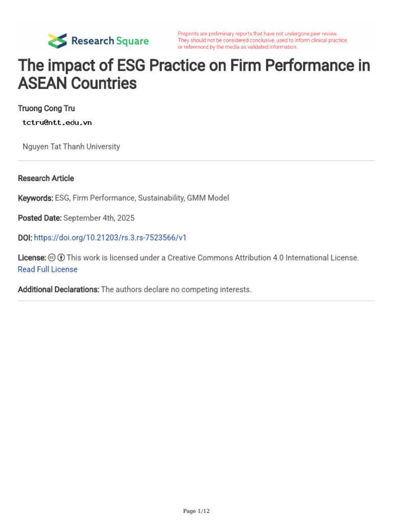 ESG Impact on Firm Performance in ASEAN | PDF | Corporate Social ...