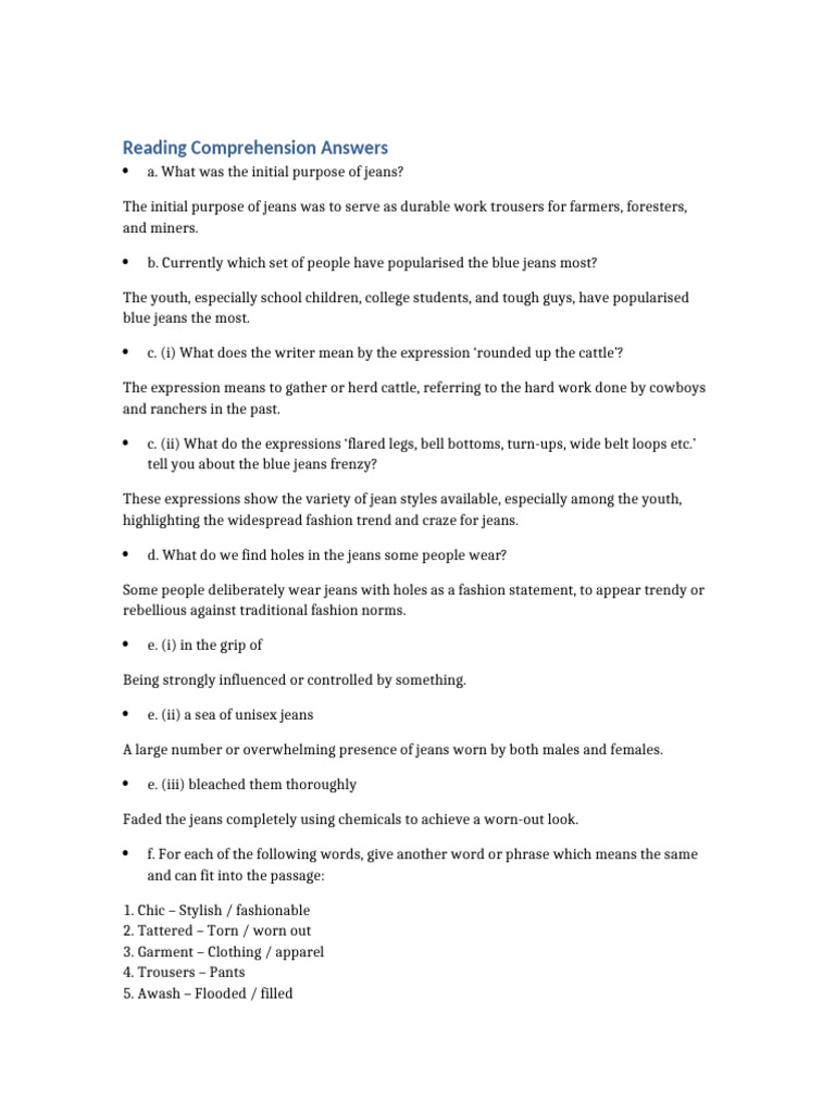 Reading Comprehension Answers | PDF