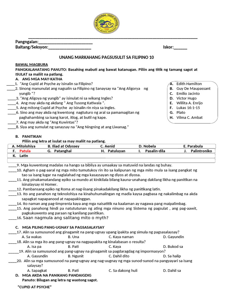 1st Quarter Exam Filipino 10 Kwarter | PDF