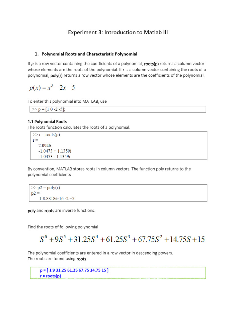 MATLAB Polynomial and Equation Solutions | PDF | Polynomial | Variable ...