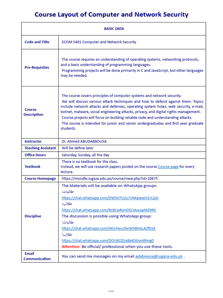 ECOM 5401 Computer and Network Security Course Layout 2025-2026 | PDF ...