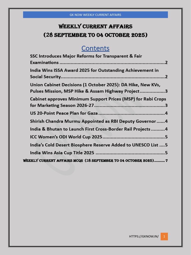 Weekly Curret Affairs 28 October To 04 September (English) | PDF ...