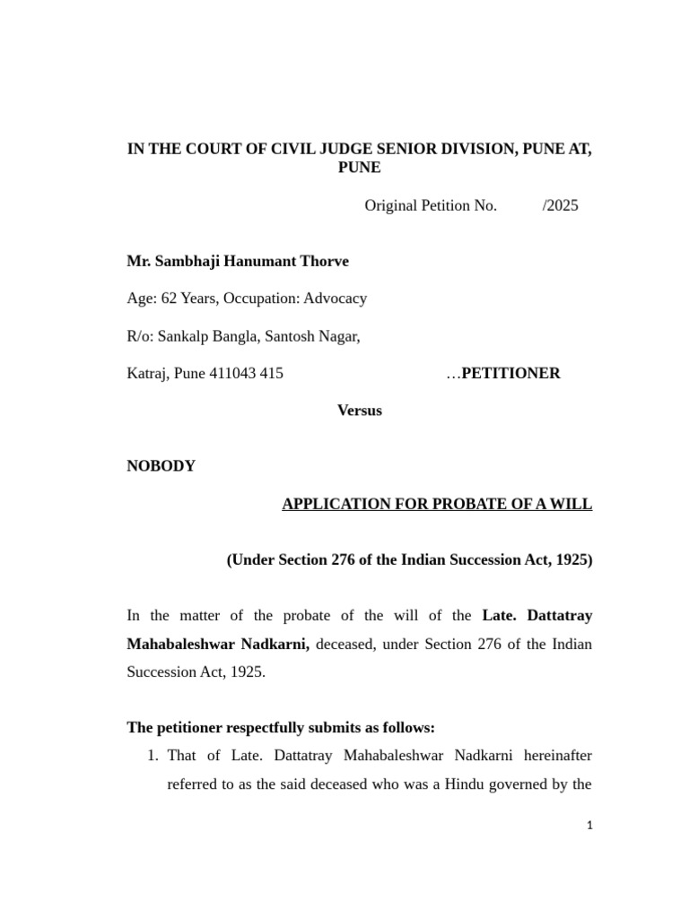 Probate Application for Dattatray Nadkarni's Will | PDF | Probate ...