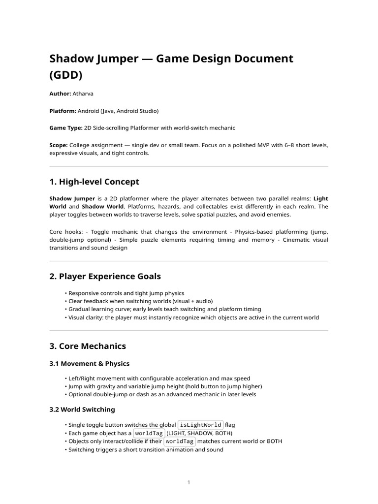 Shadow Jumper - Game Design Document (GDD) | PDF | Switch
